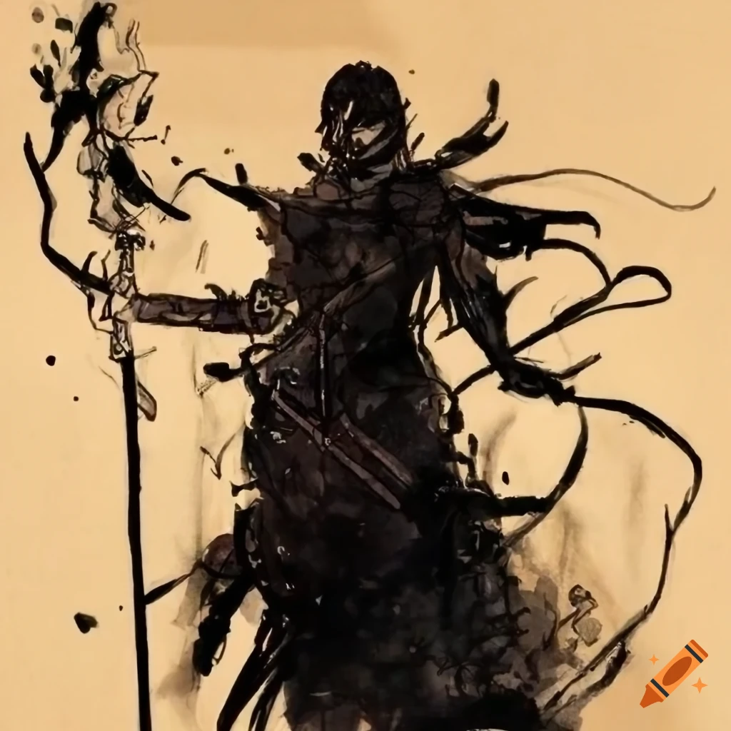 Black ink watercolor of a legendary warrior mage on Craiyon