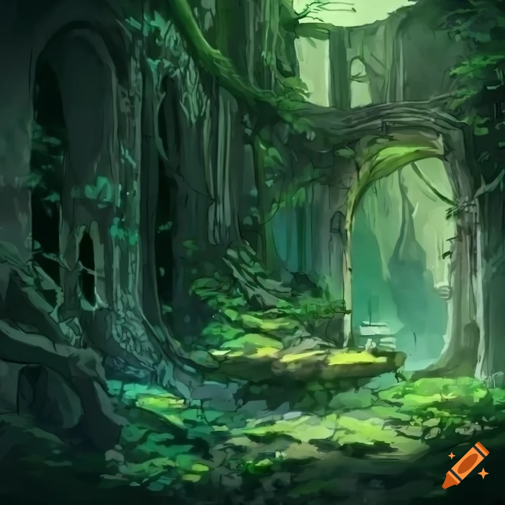 Anime-style image of an overgrown tree in ruins