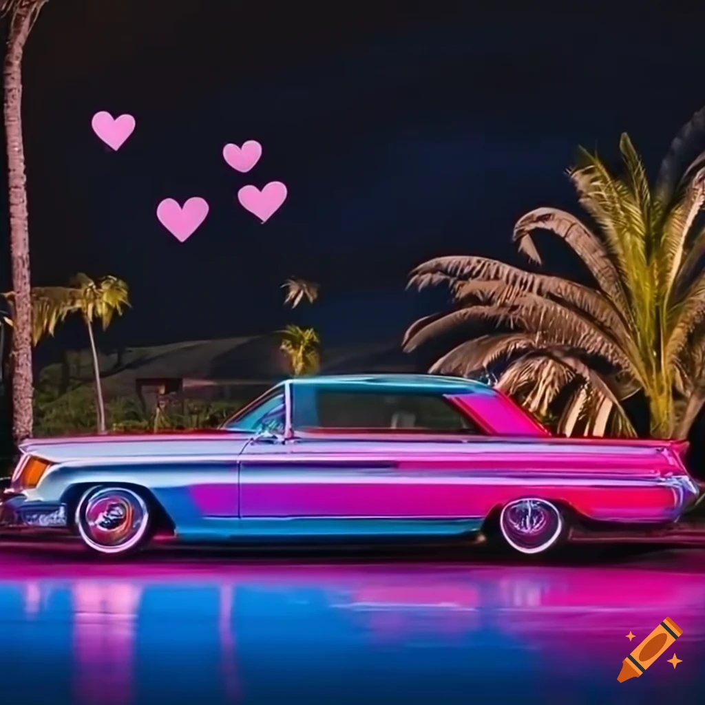 Neon-lit 1964 chevy impala parked in la on Craiyon