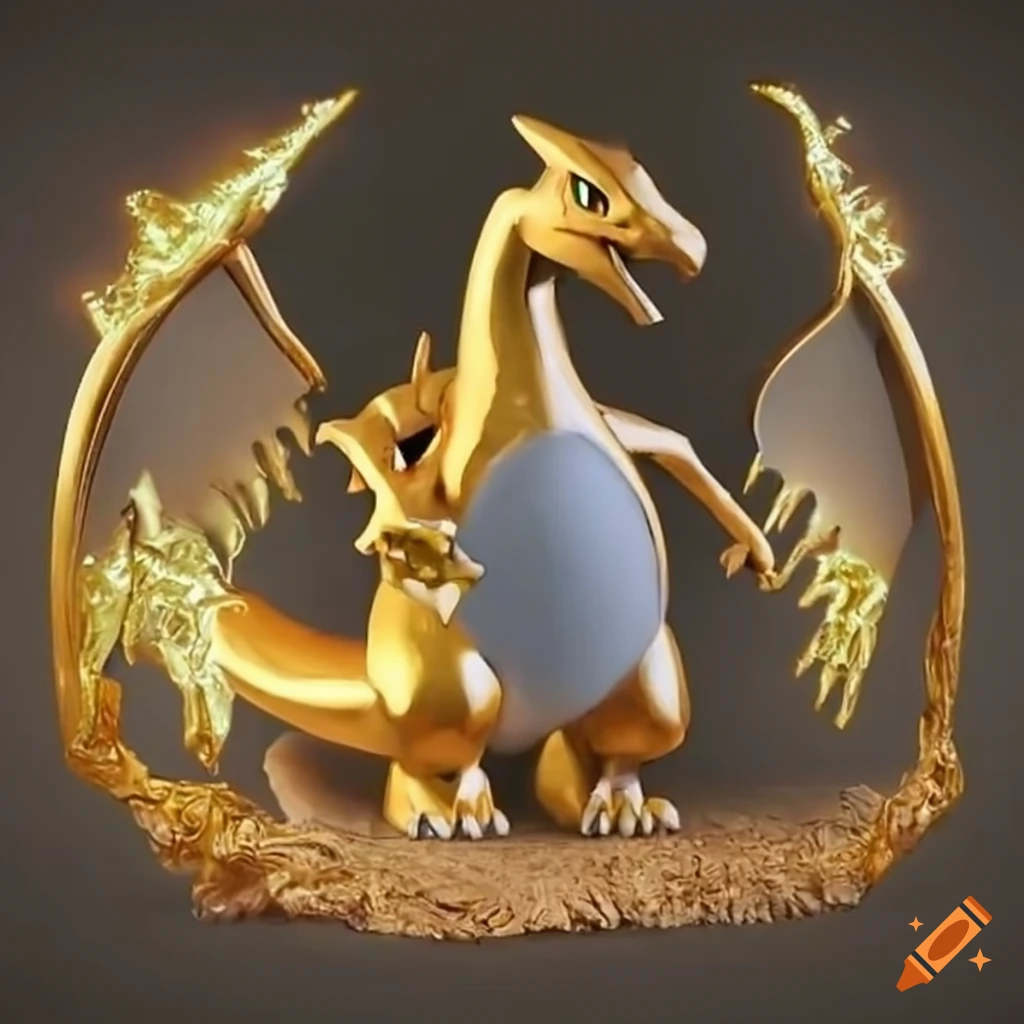 Gold sculpture of a charizard pokemon