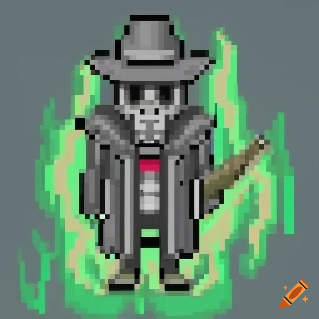 Pixel art of a mysterious skeleton in black cloak and fedora