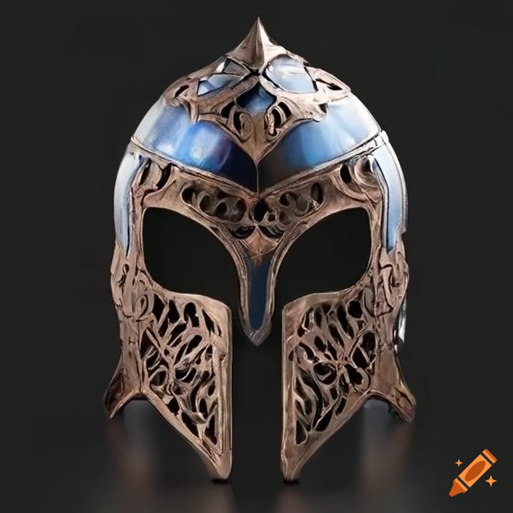 Intricate steel helmet with symmetrical design