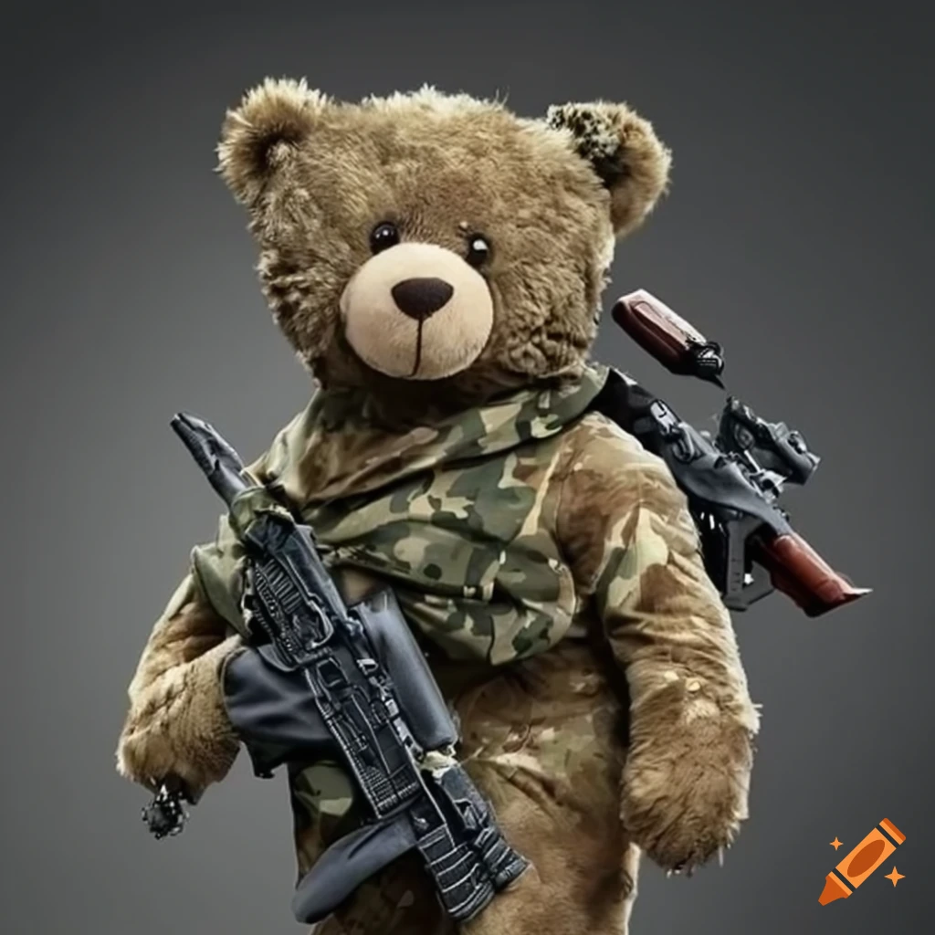 Teddy bear soldier with famas rifle and camouflage uniform