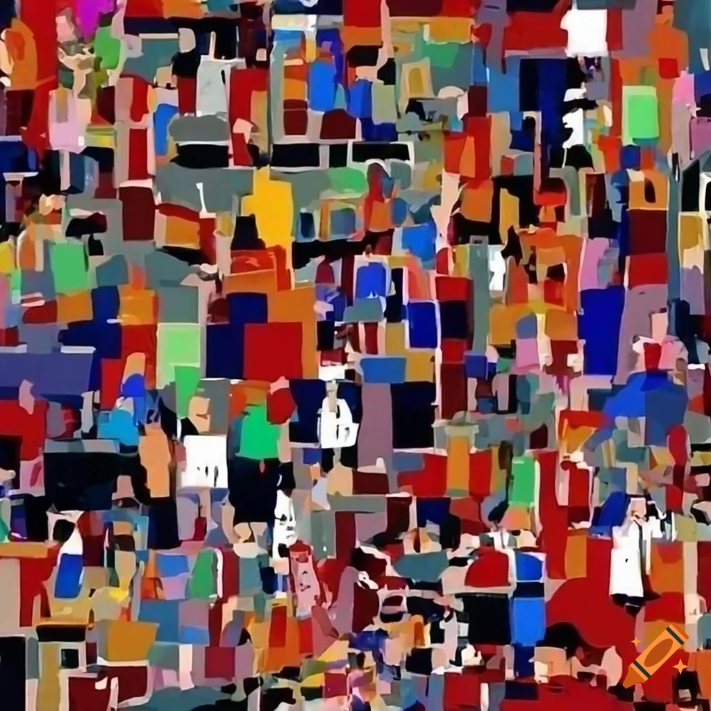 Cubist mosaic painting of a crowd inside a maze on Craiyon