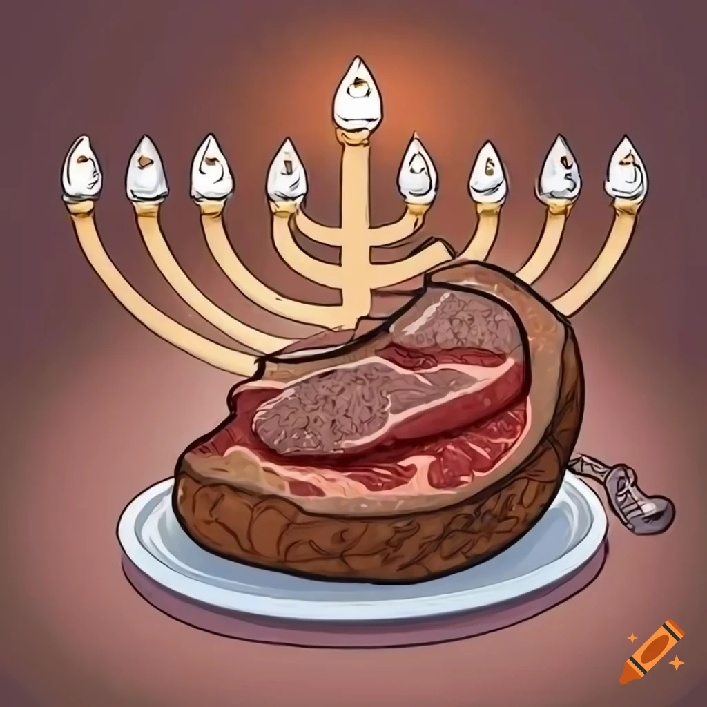 Cartoon steak saying 'happy chanukah'