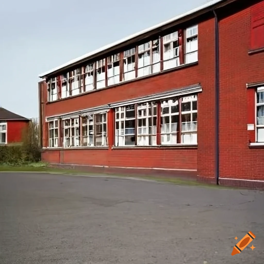 Retro school buildings with grey yard