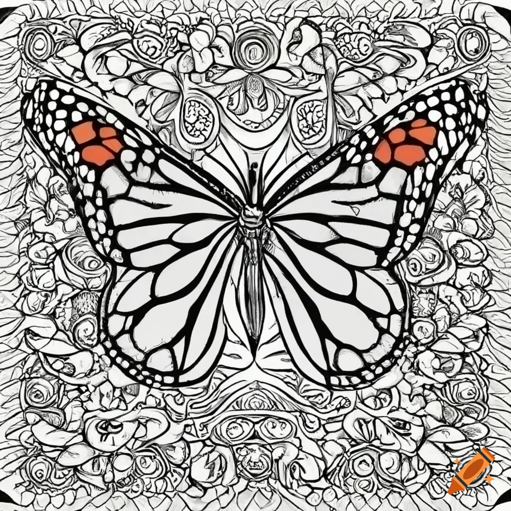 Coloring book illustration of a monarch butterfly on Craiyon
