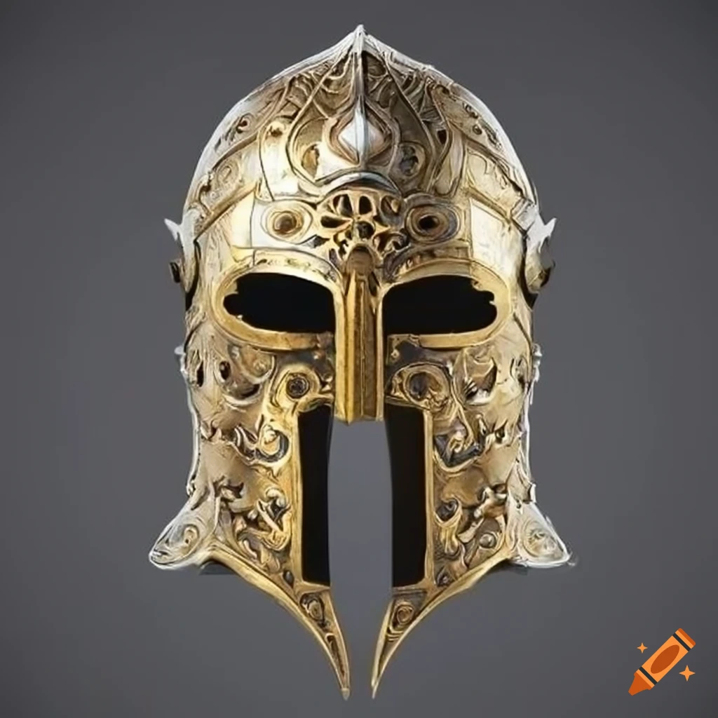 Intricate gilded steel helmet with symmetrical design