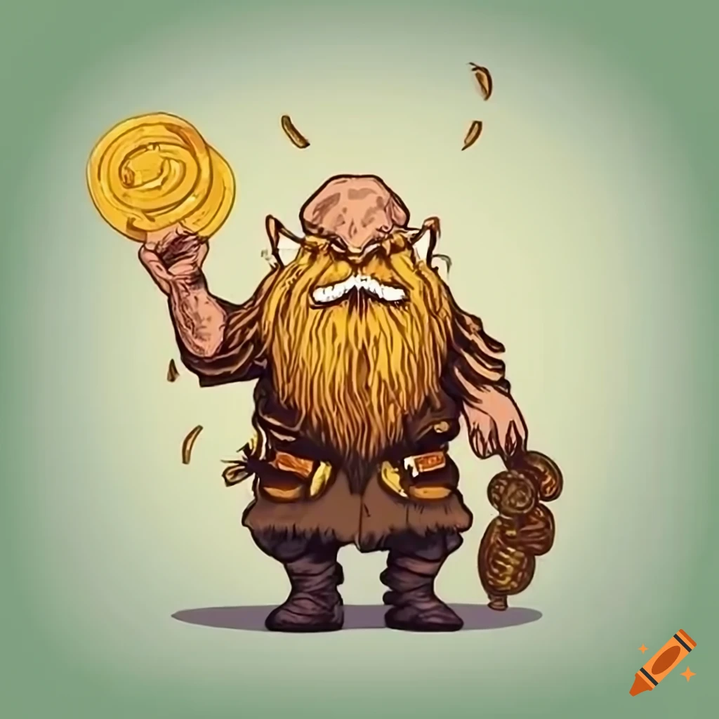 Illustration of a dwarf holding gold coins