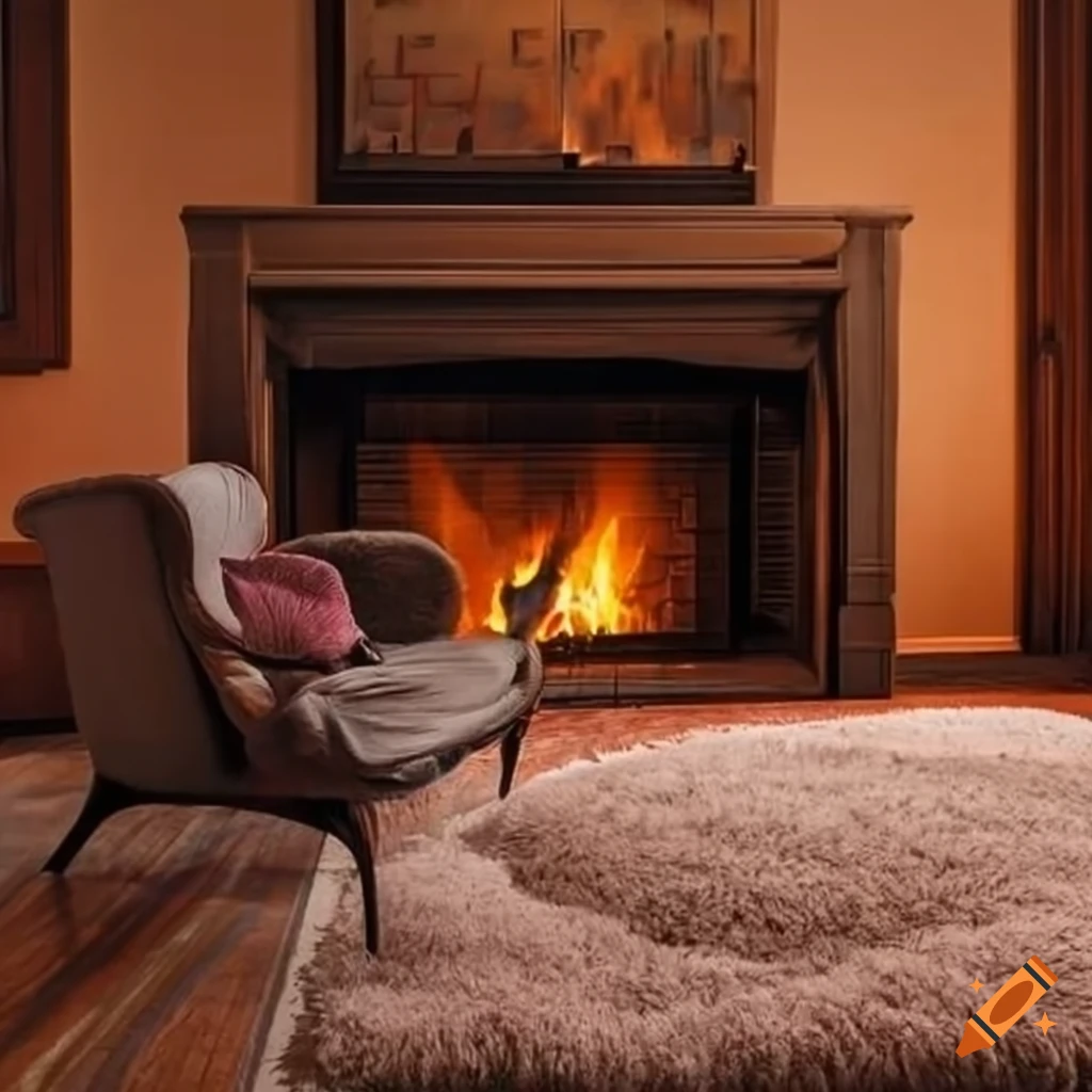Cozy living room with fireplace and soft rug on Craiyon