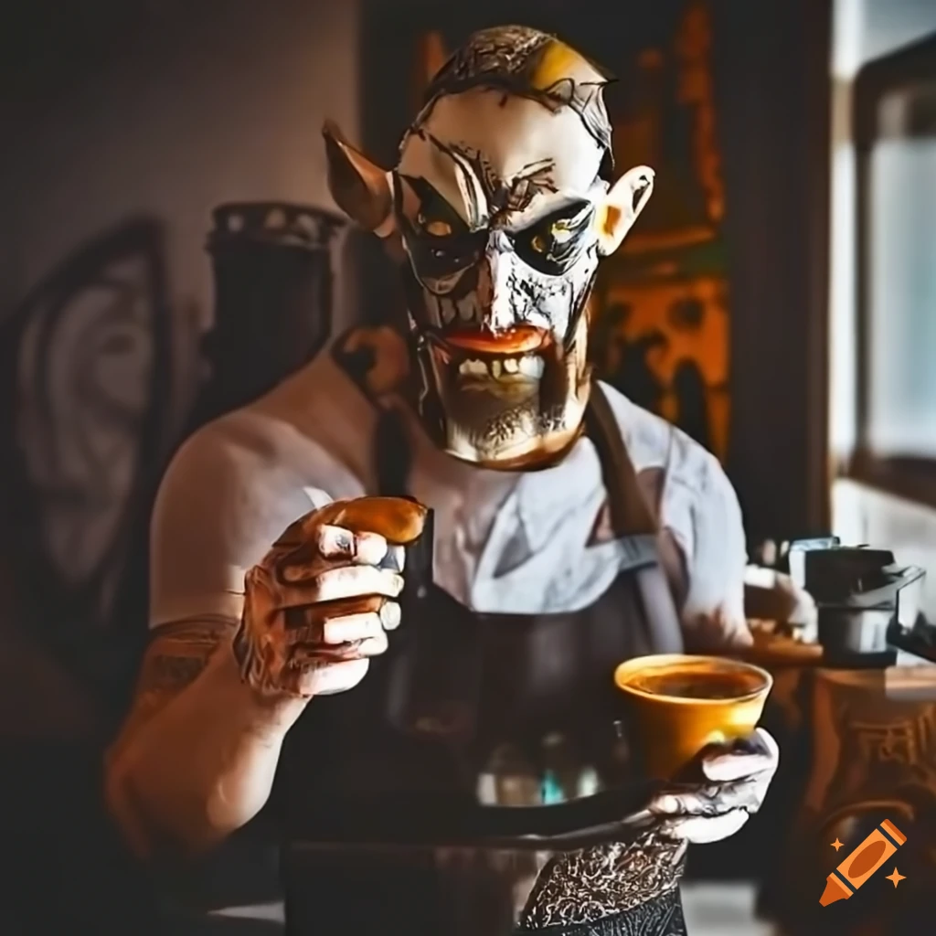 Krieg from borderlands making coffee in a cafe on Craiyon