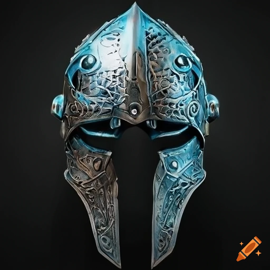 Symmetrical steel helmet with intricate design