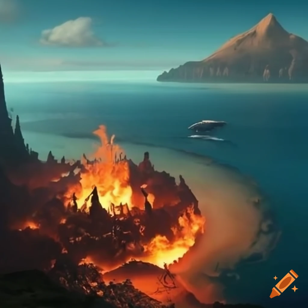 Burning island with a cruiseship nearby
