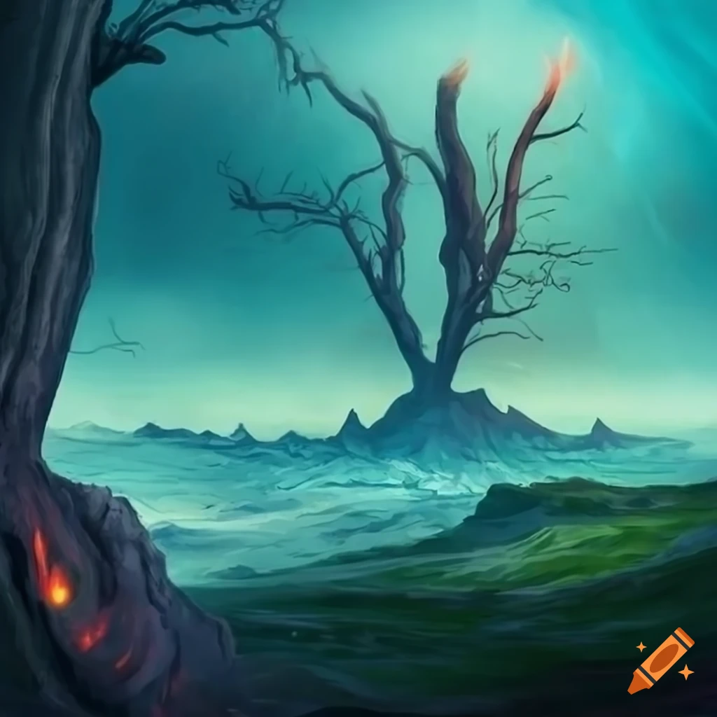 Surreal fantasy landscape with monsters and a volcano