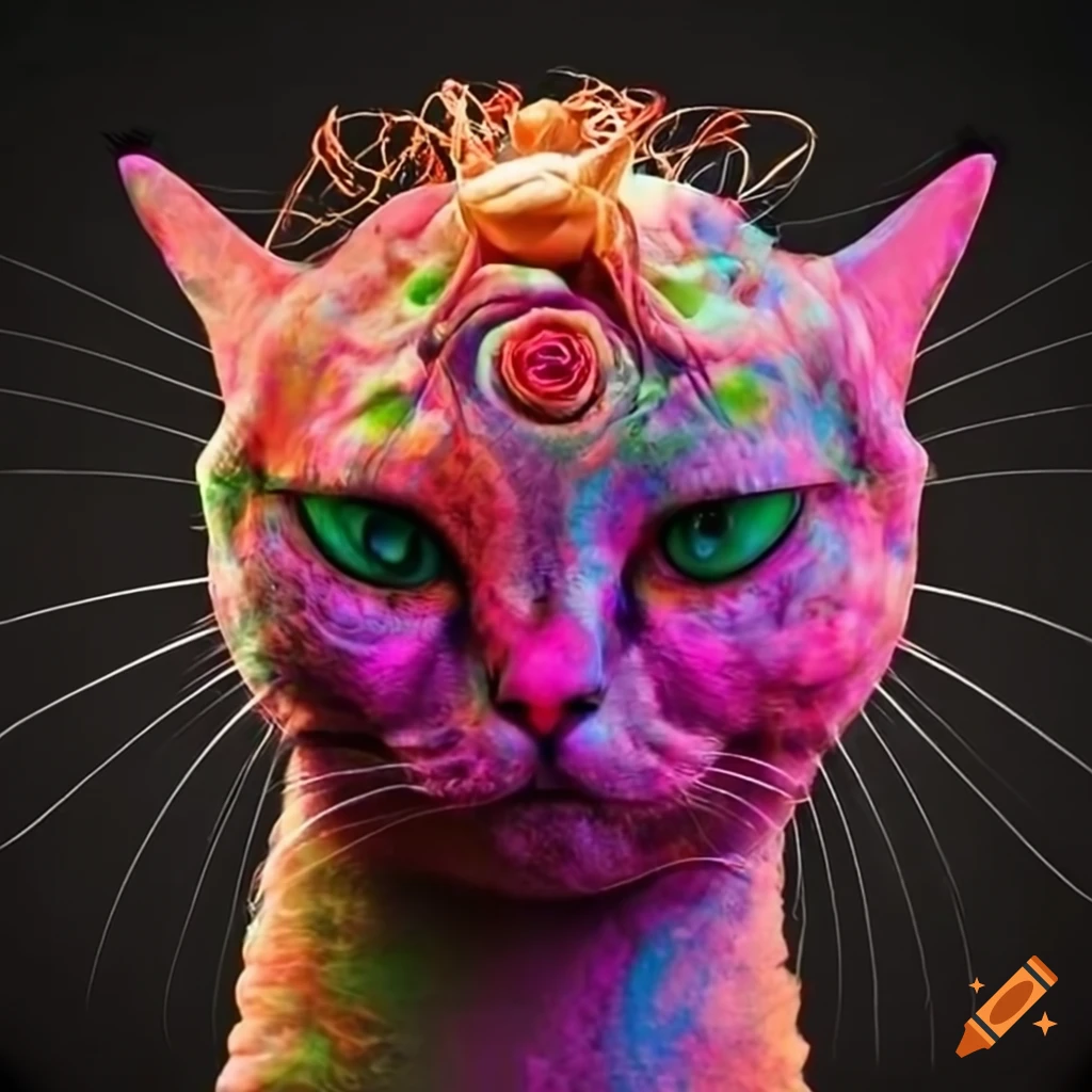 Brightly colored alien cat with a rose-shaped head