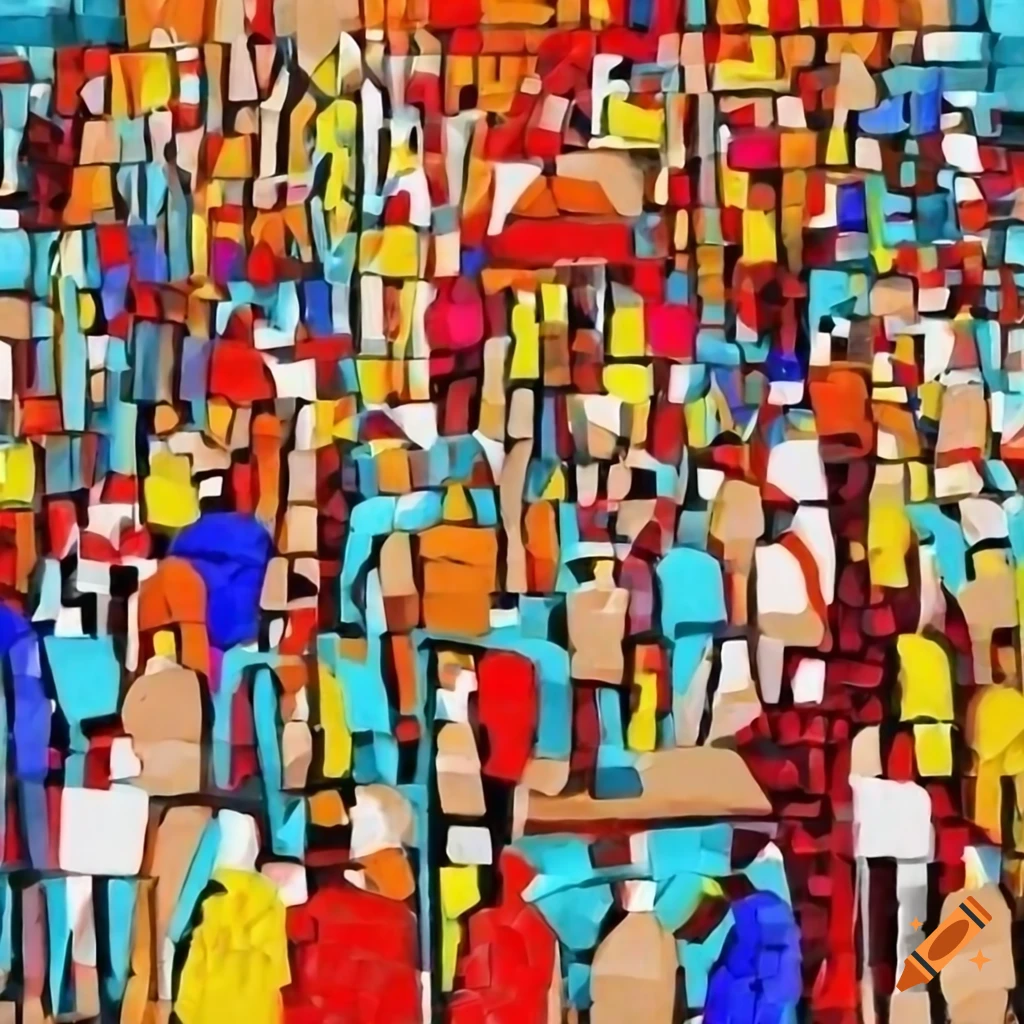 Cubist mosaic painting of crowd people in a maze