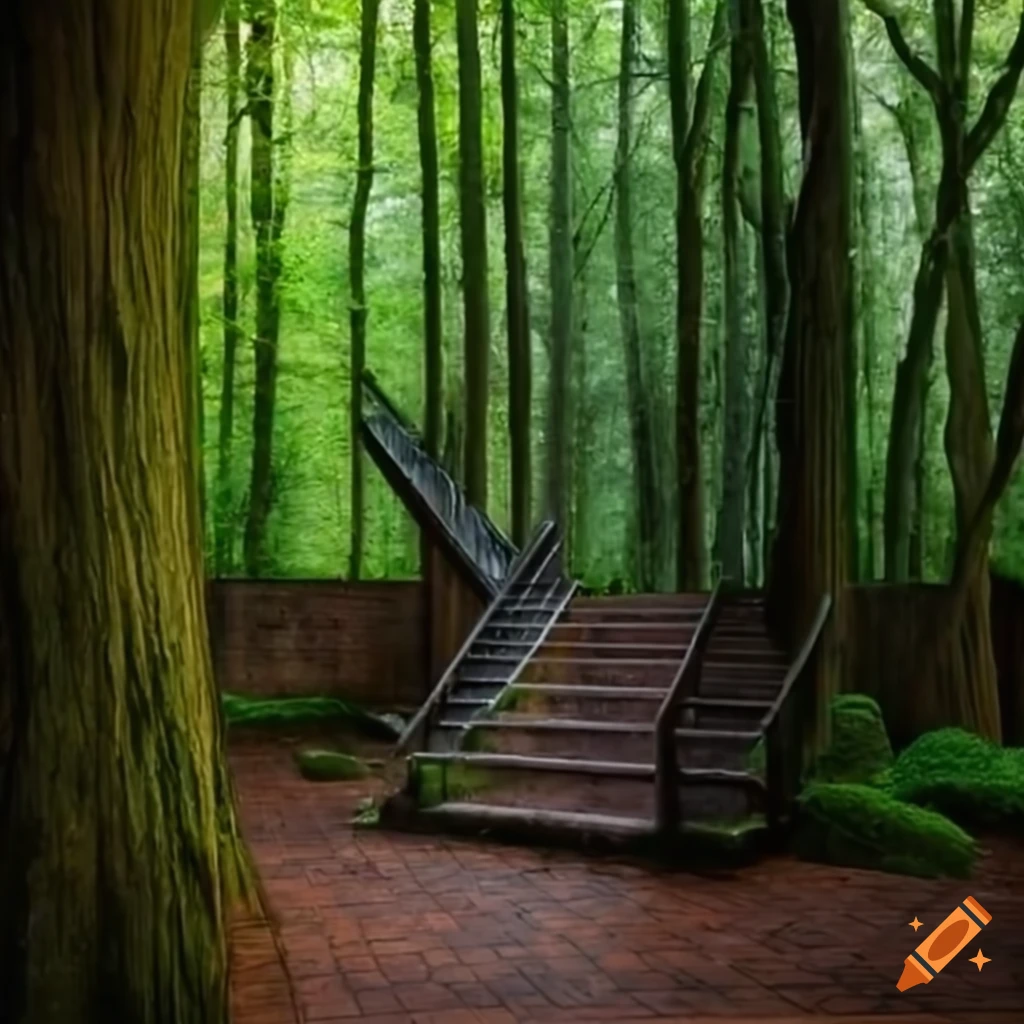 Image of a mystical forest with doors and stairs
