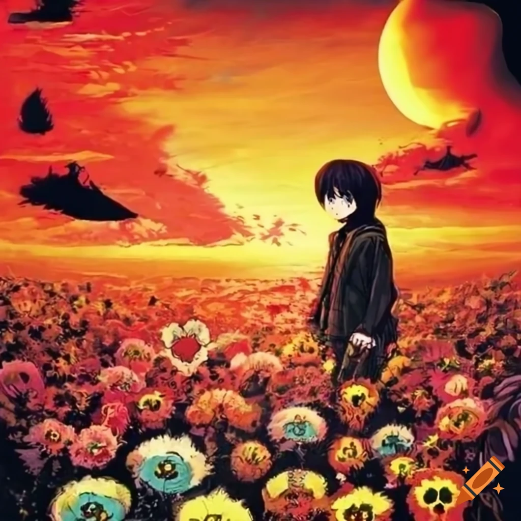 Retro horror movie poster with flower field