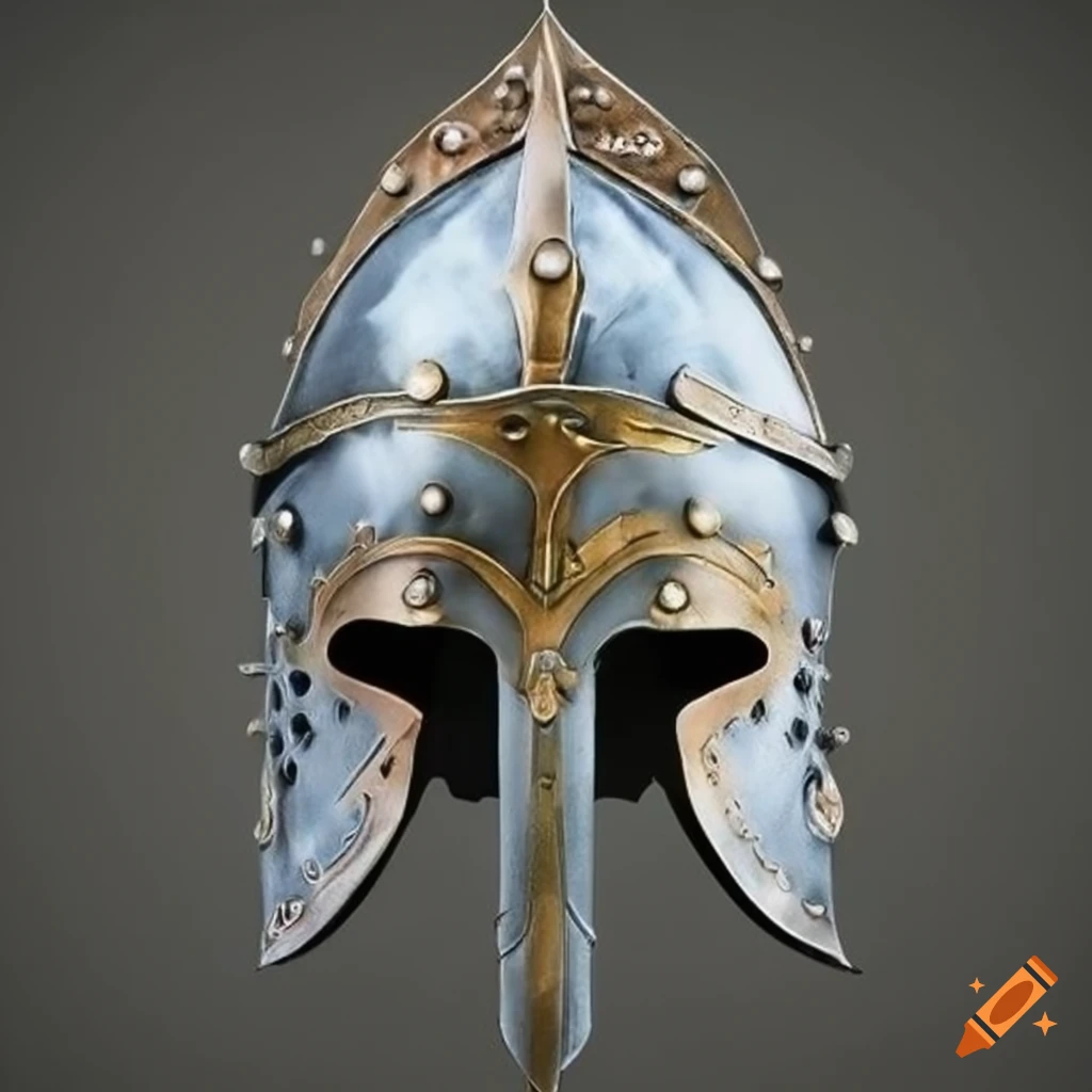 Ornate medieval helmet with symmetrical design