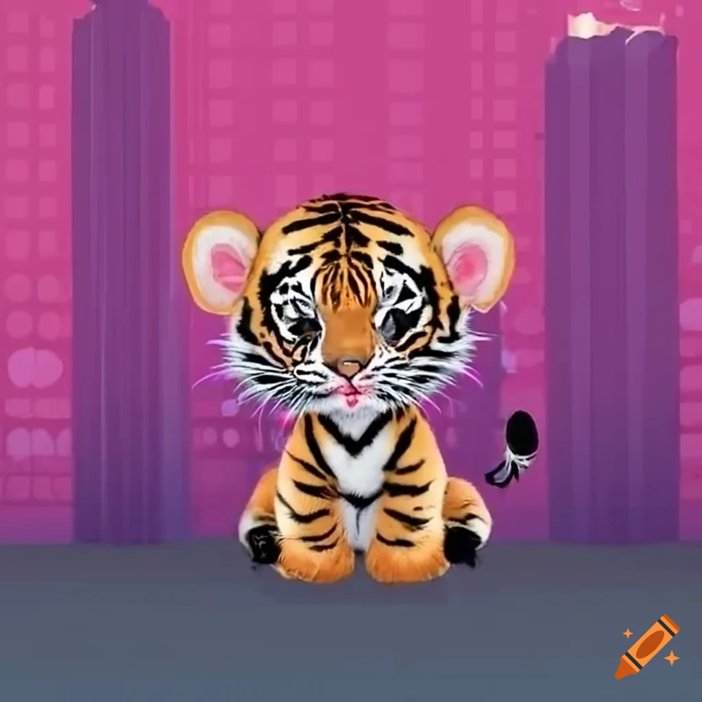 Adorable baby tiger in a pink city