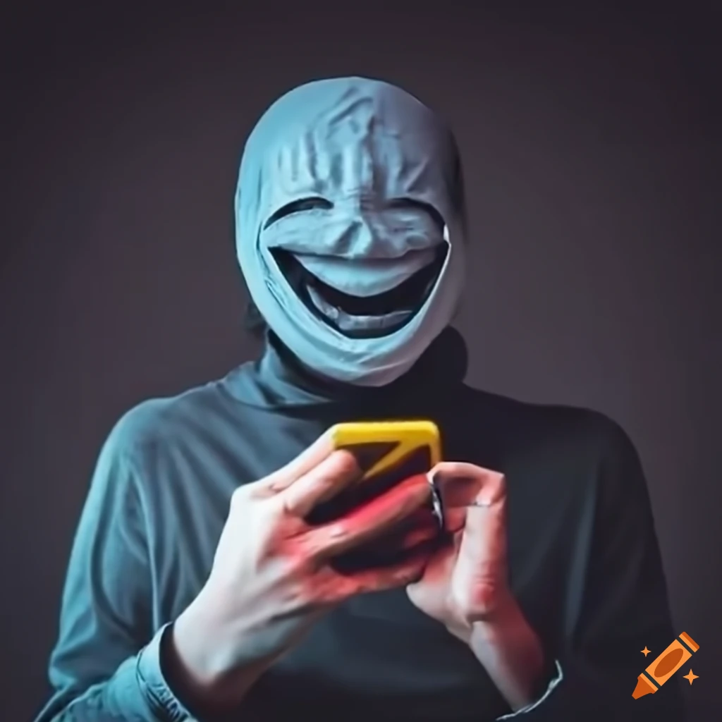 Person wearing a happy mask laughing with phone