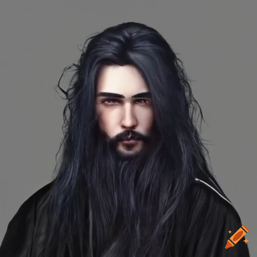 Portrait of a man in a black robe with long hair and beard on Craiyon