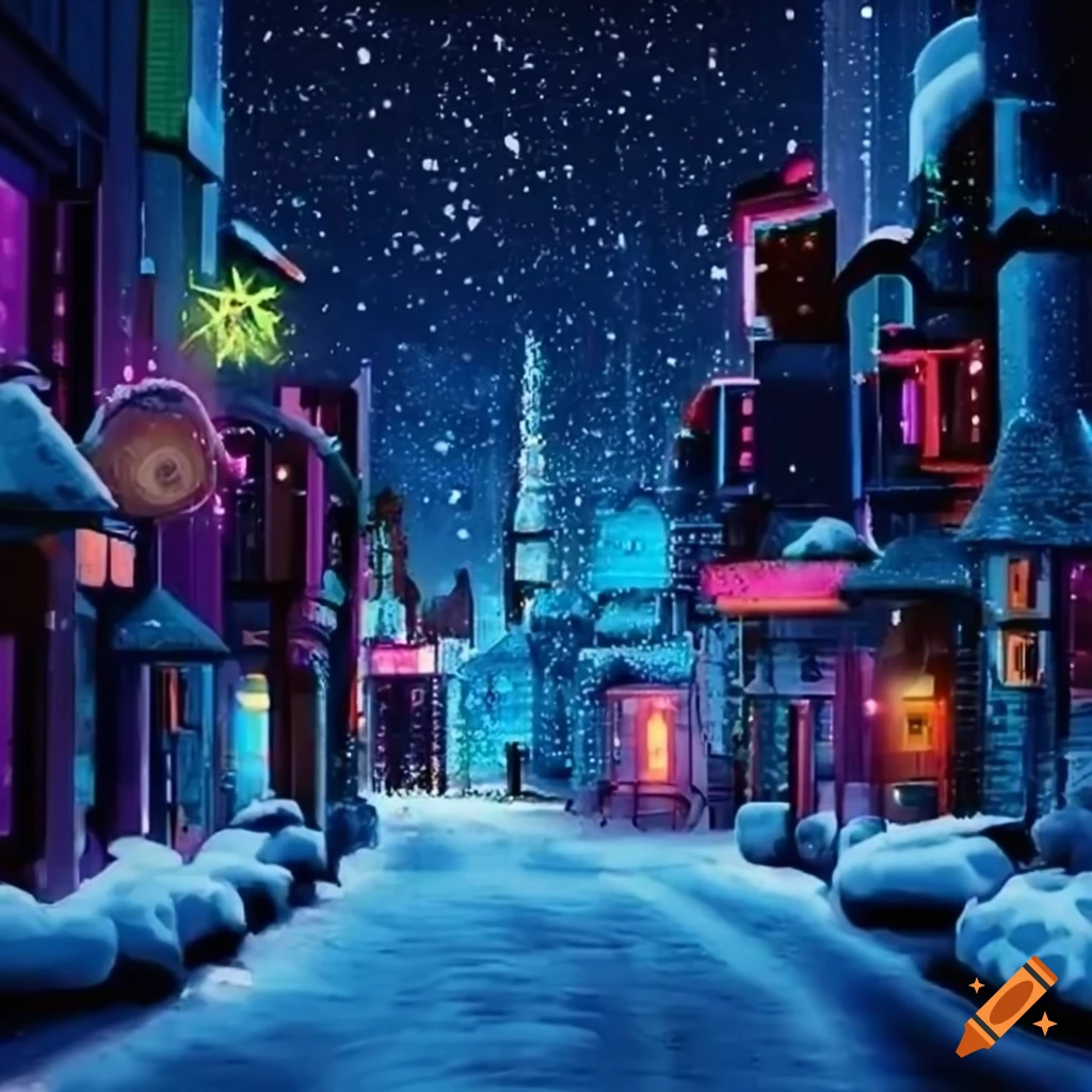 Neon city covered in snow during christmas on Craiyon
