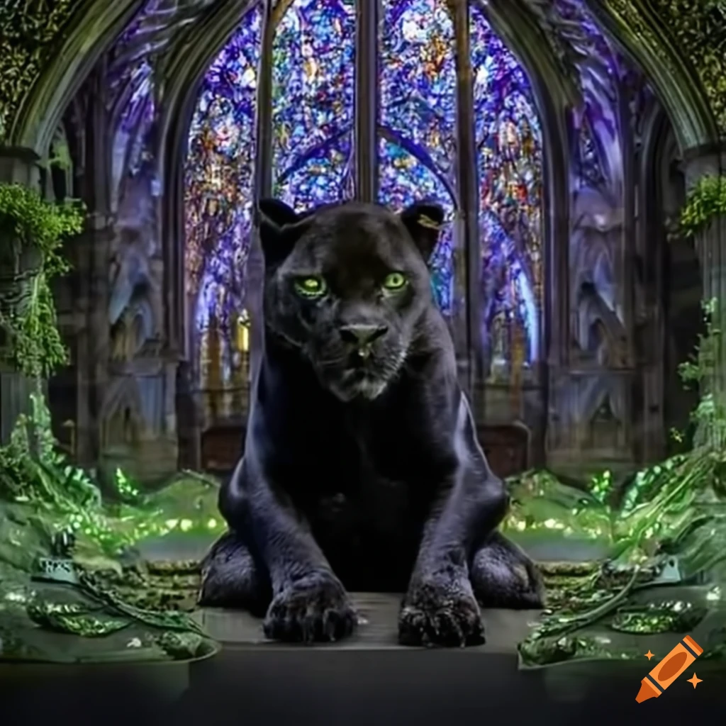 Black panther sitting in an enchanted cathedral