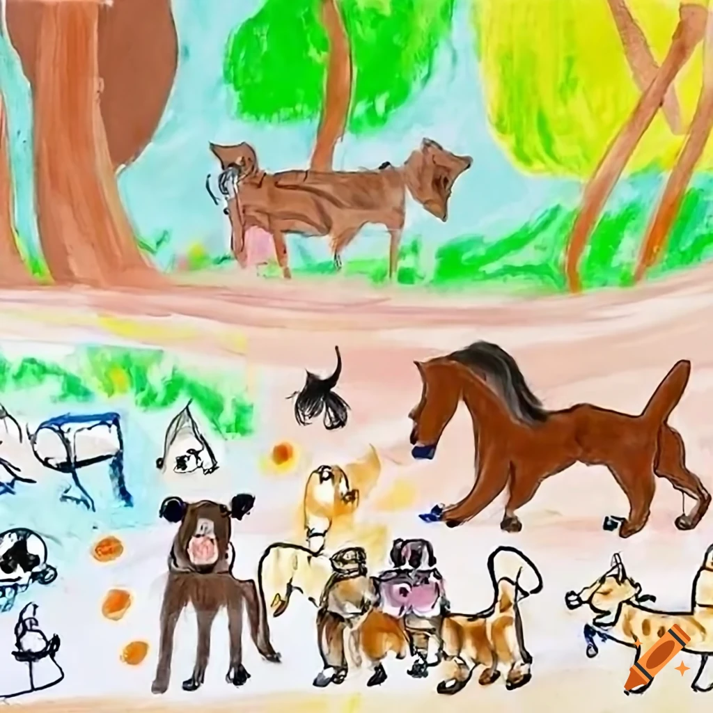 Blurry drawing of animals in a child's artwork