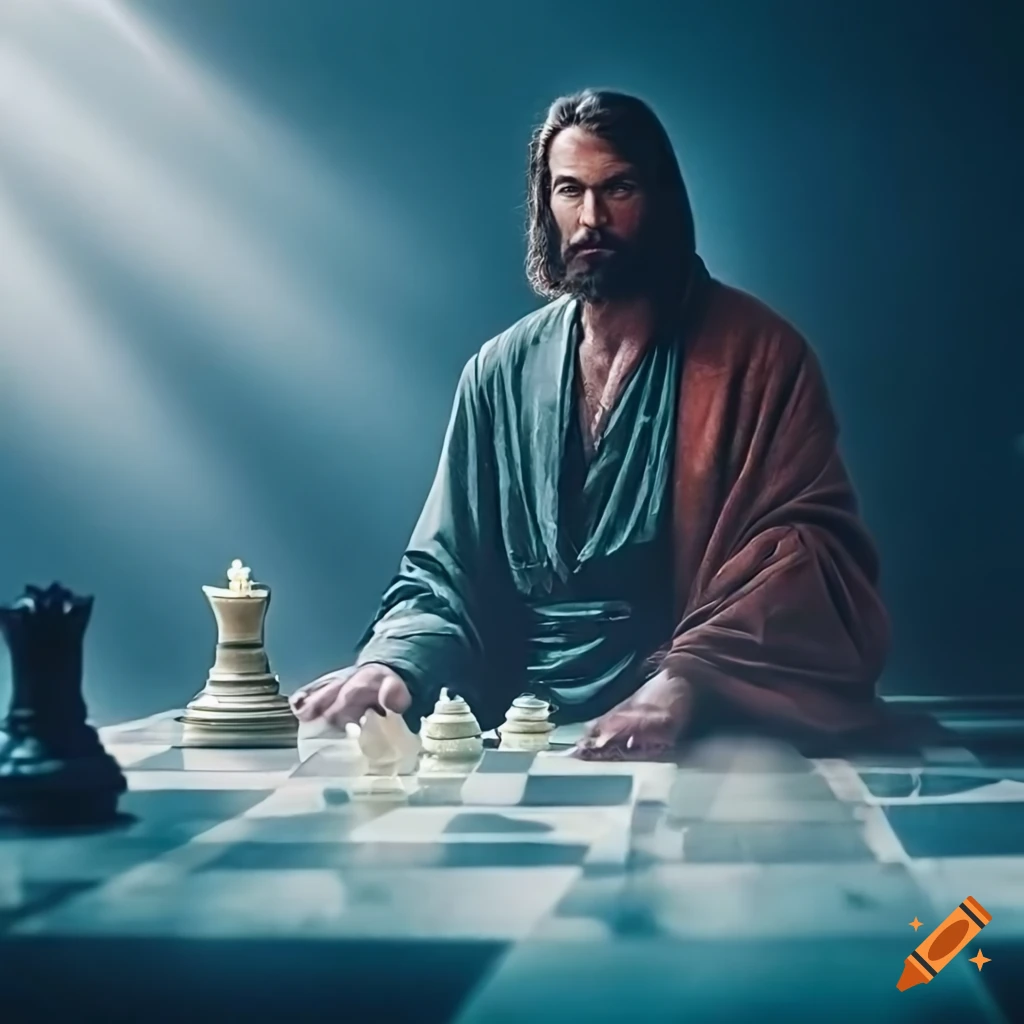 Dramatic photo of jesus playing chess at dusk