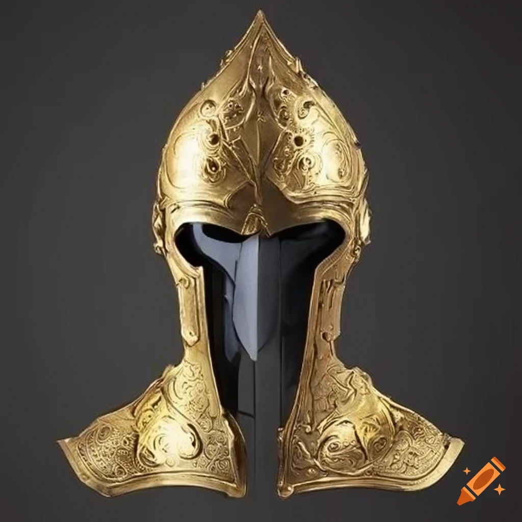 Intricately designed gilded steel helmet on Craiyon