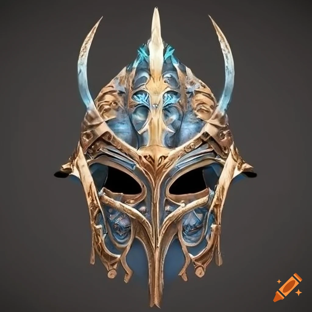 Intricate symmetrical fantasy helm made of mythic steel