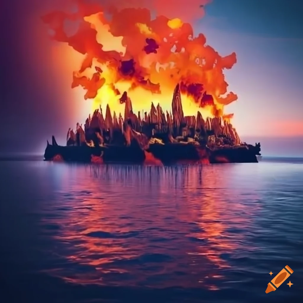 Burning island with a cruiseship nearby