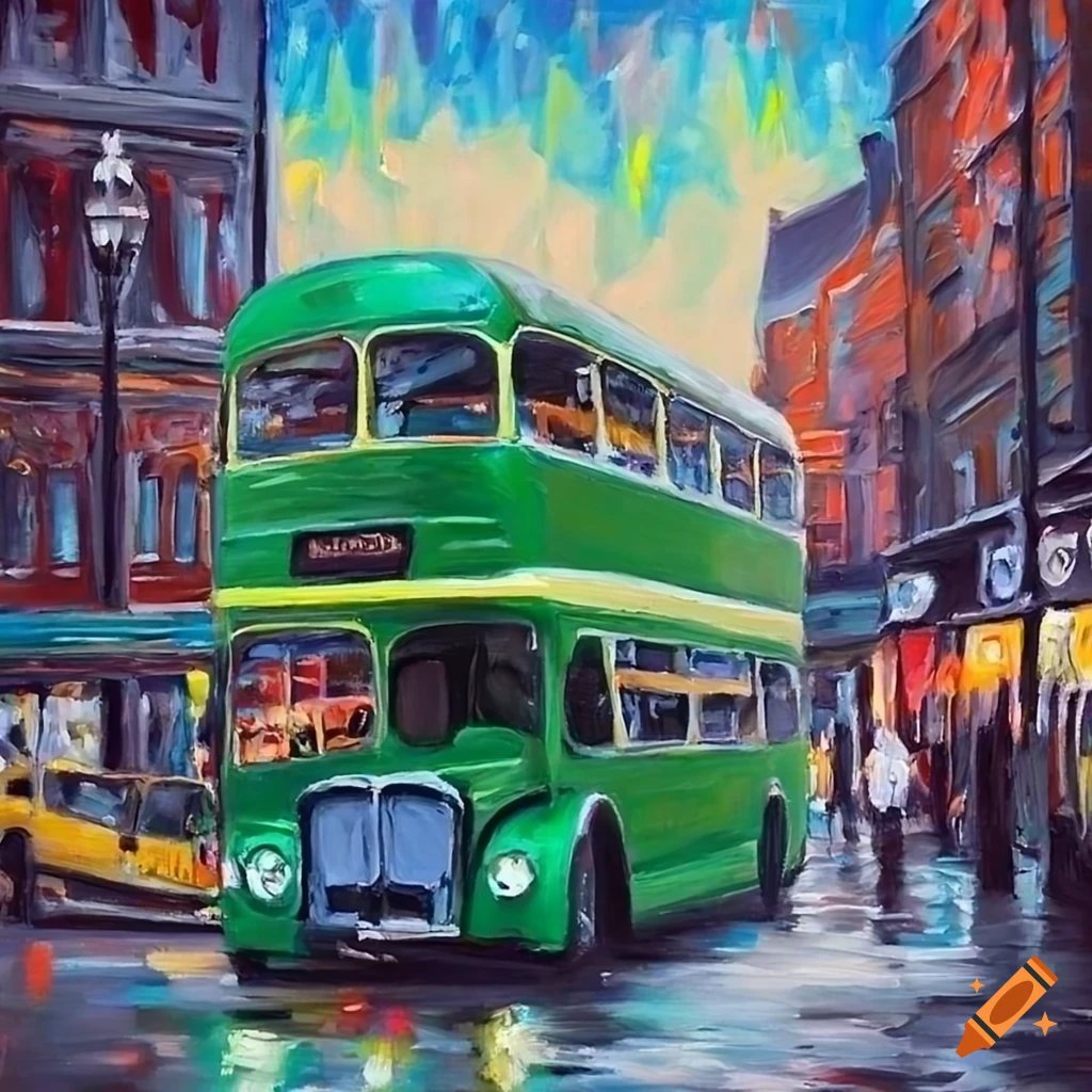 Detailed oil painting of a green bus on a busy street