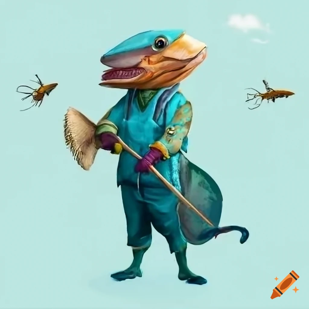 Anthropomorphic fish janitor with flies