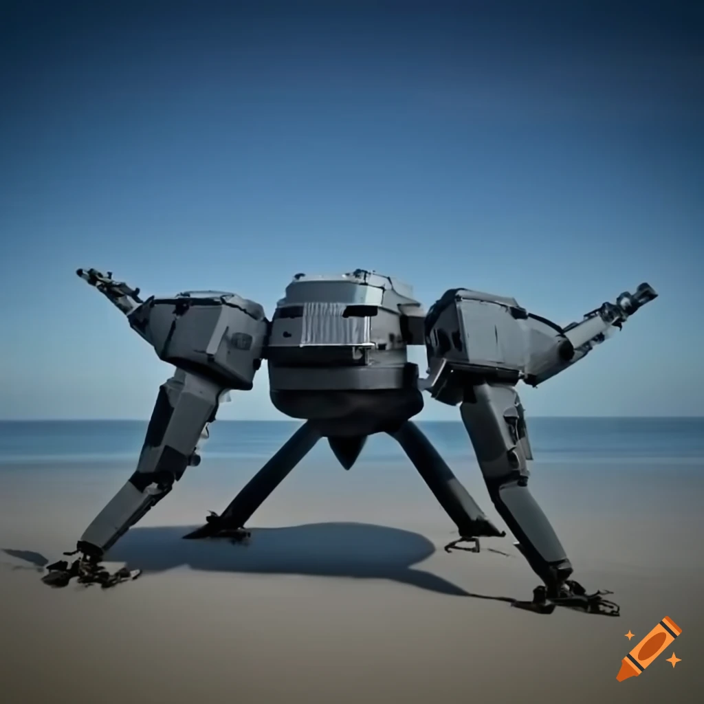 Grey and blue bipedal mech by the ocean