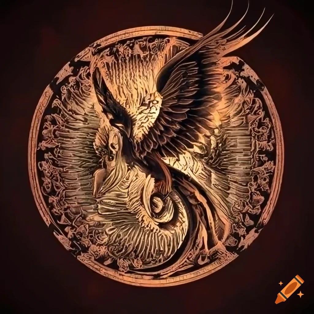 Coin with a phoenix emblem and the words rise above