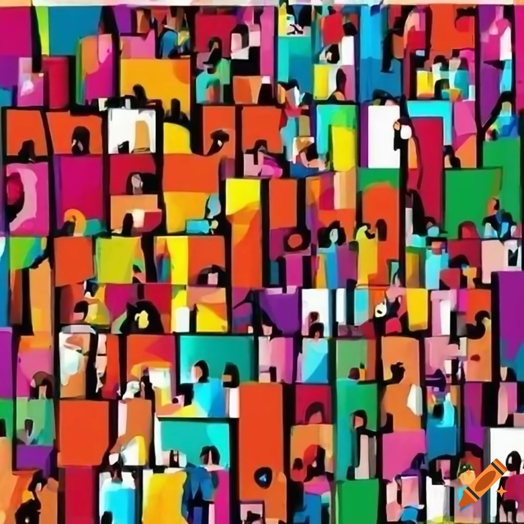 Cubist mosaic painting of a crowd in a maze on Craiyon