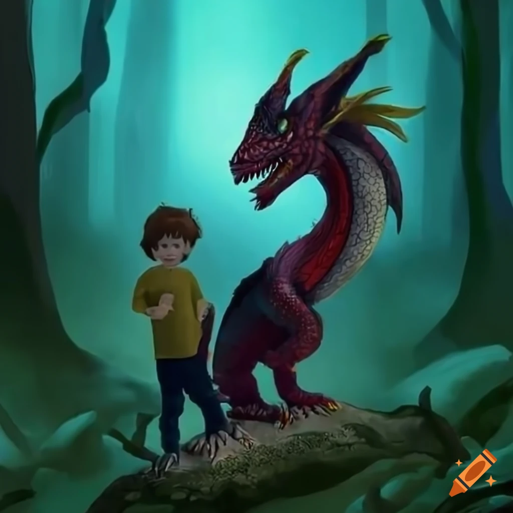 Fantasy illustration of a dragon and kids on a mountain