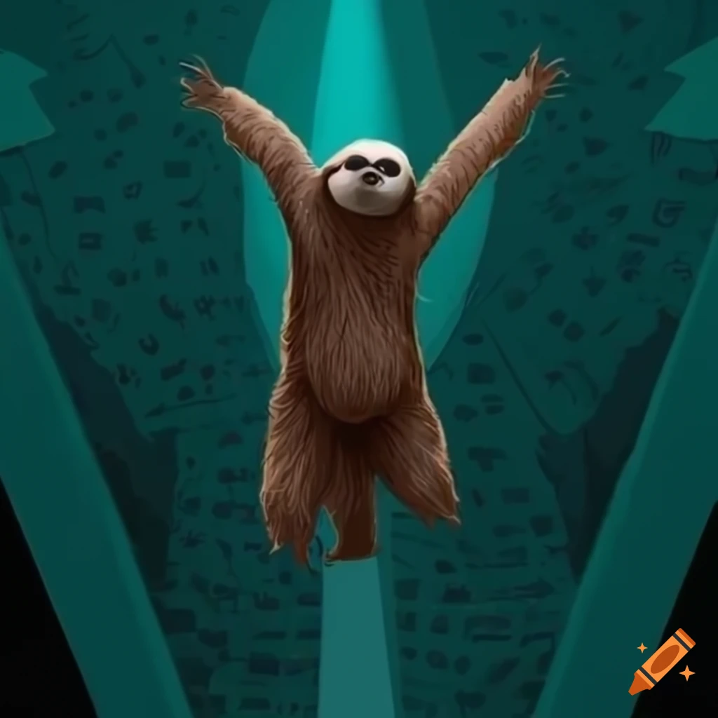 Comic style animatronic sloth jumping on a trampoline on Craiyon