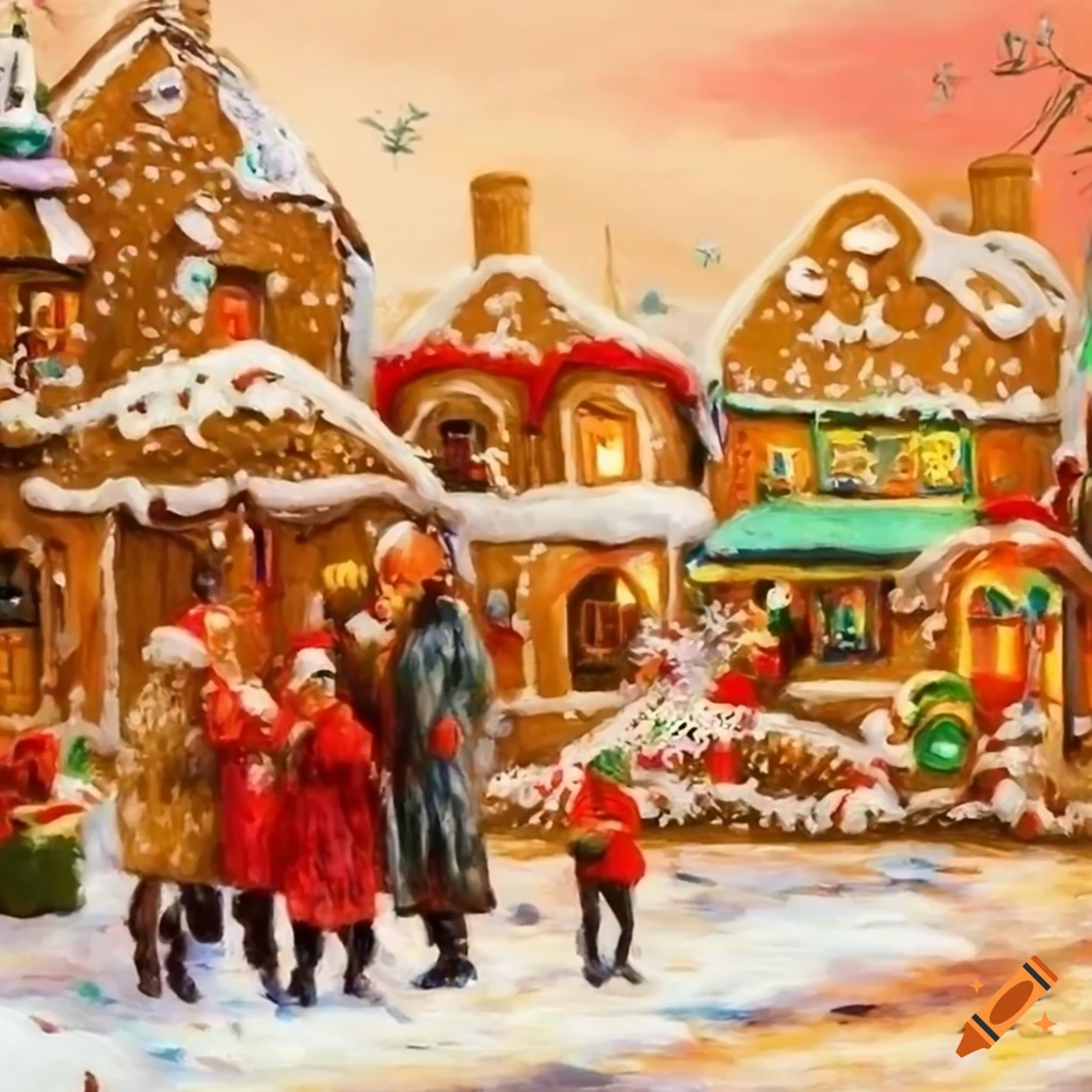 Renoir-style oil painting of a gingerbread village