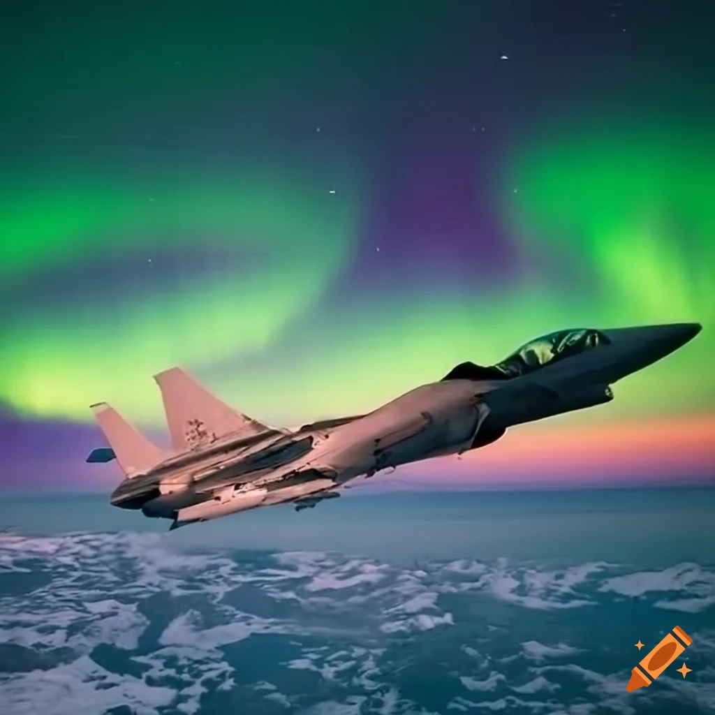 Finnish fighter jet flying under the northern lights on Craiyon
