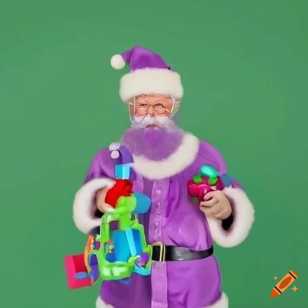 Purple and green santa claus playing with toys