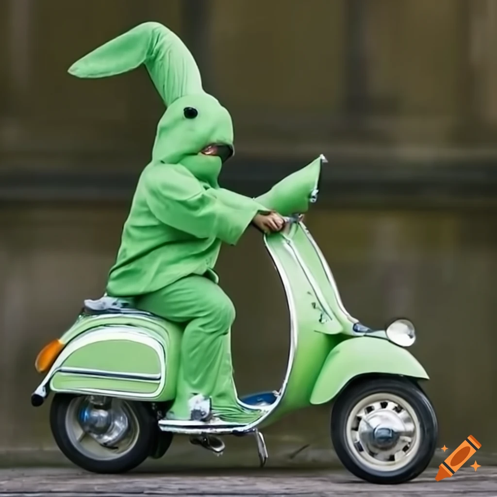 Bunny in pea costume riding a green vespa on Craiyon