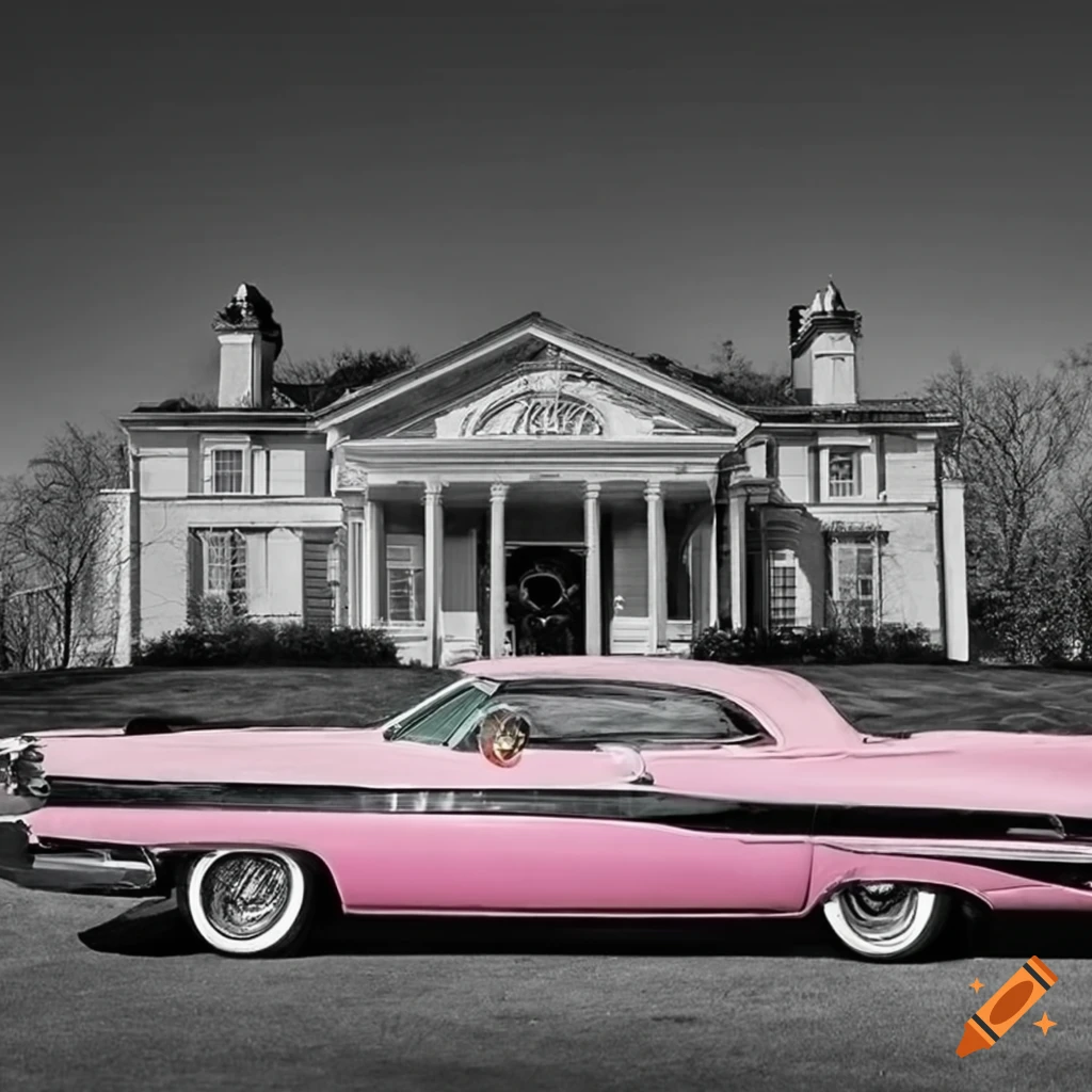 Photograph of graceland mansion with elvis' pink cadillac