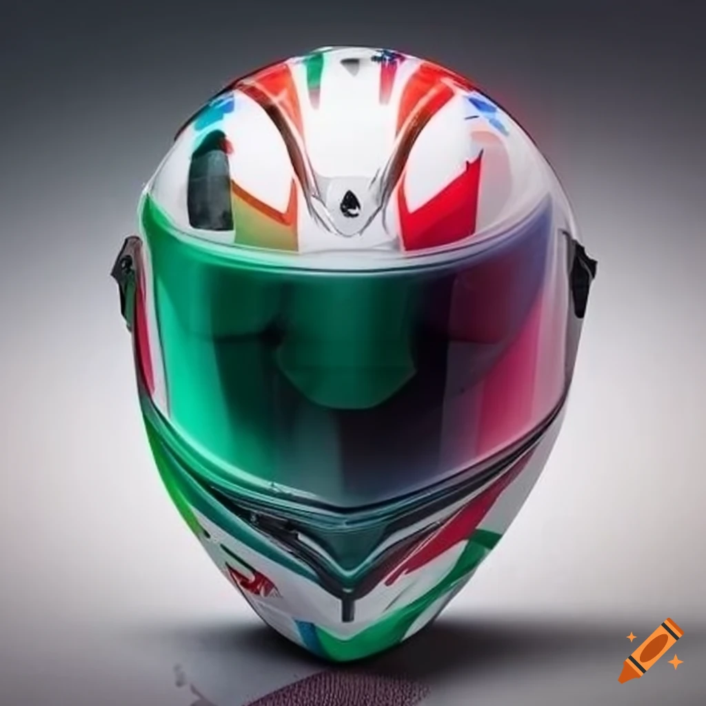 White and multicolored racing helmet with decals