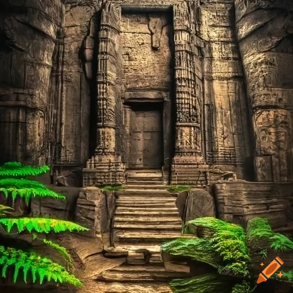Detailed backdrop of African temple with moss and ferns on Craiyon