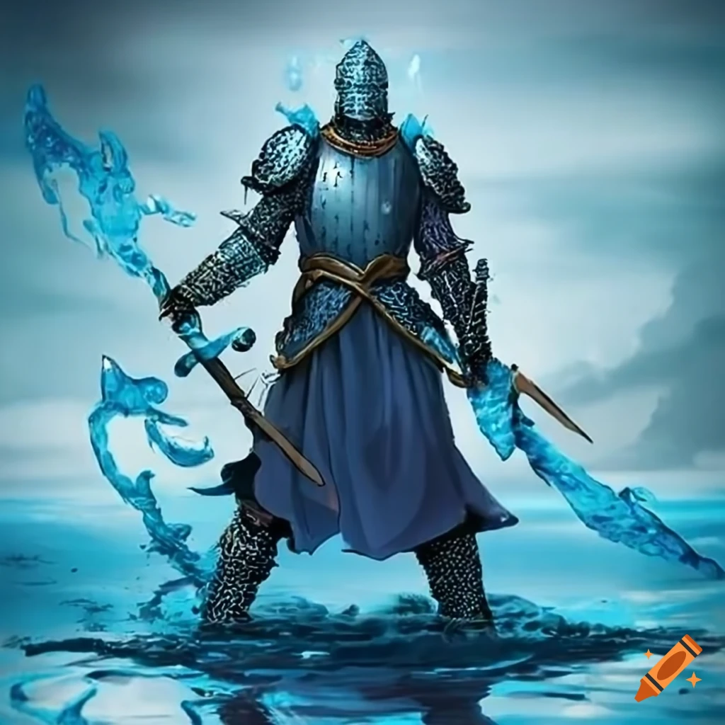 Digital art of a water knight with magical abilities on Craiyon