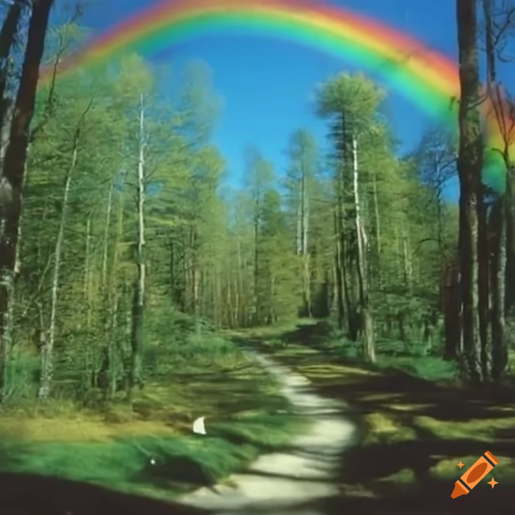 Panoramic view of a rainbow forest