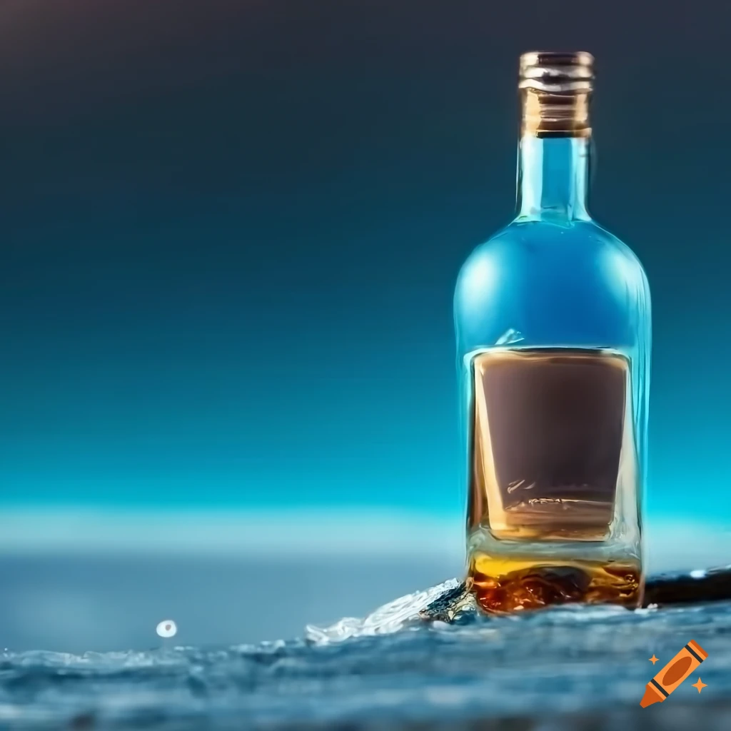 Vibrant rum bottle on a beach with blue waves on Craiyon